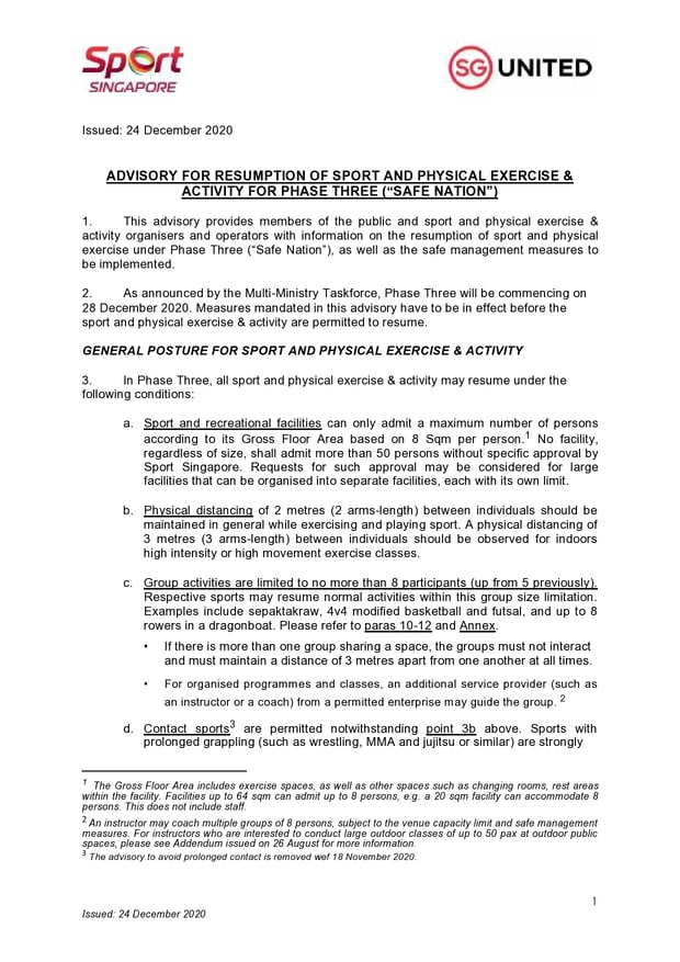 RESUMPTION OF SPORT AND PHYSICAL EXERCISE & ACTIVITY FOR PHASE THREE ...